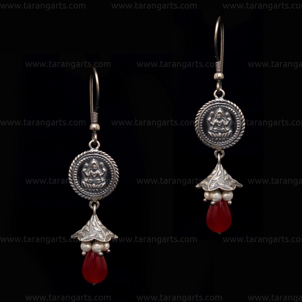OXIDIZED SILVER LAKSHMI COIN HANGING JHUMKAS WITH PEARL AND RED CORUNDUM www.tarangarts